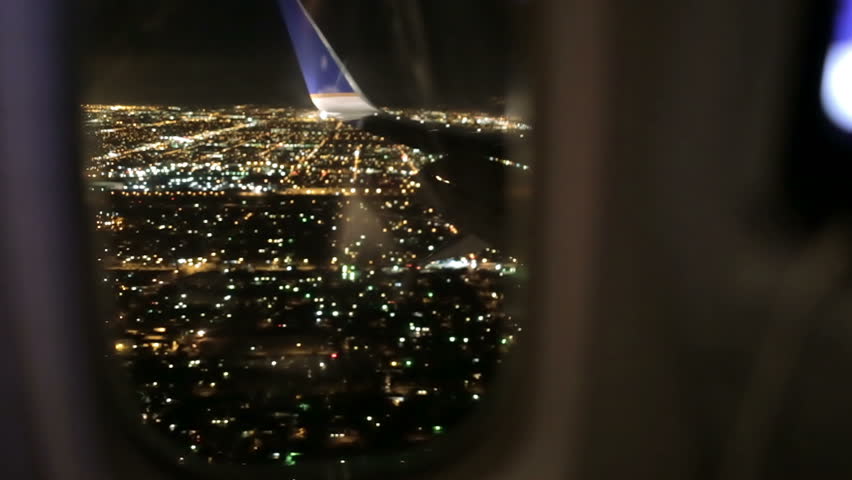 Airplane Window Seat - View Of Los Angeles At Night And Wing Of Plane On Flight, Traveling In ...