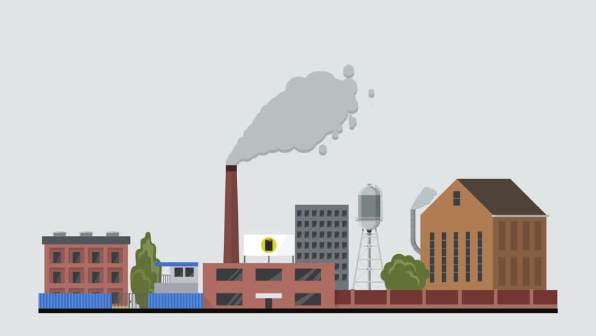 Flat Style Factory Animation Reveal. Pollutive Heavy Industry Plant ...