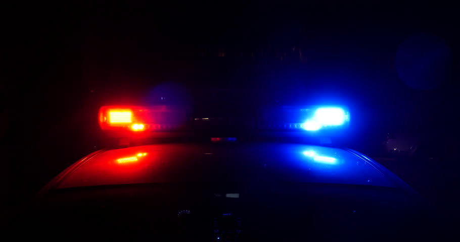 Red And Blue Emergency Lights Of Police Car. Night Outdoor Shot. Stock ...