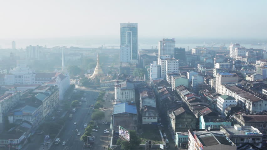 Aerial View Of Yangon Skyline Looking South Towards Sule Pagoda And ...