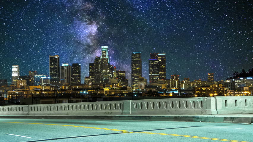 Night Sky Stars And Milky Way Pass Over Downtown Los Angeles In City ...