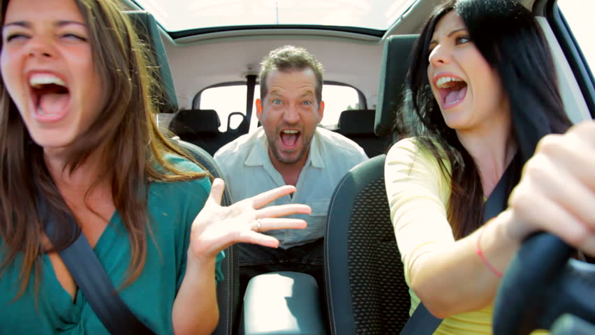 Two Drunk Friends In Car Celebrating After Party Singing And Dancing ...