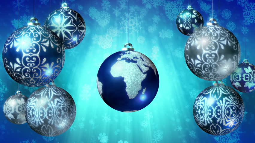 Christmas Background Loop With The Earth As A Rotating Xmas Ball. Blue ...