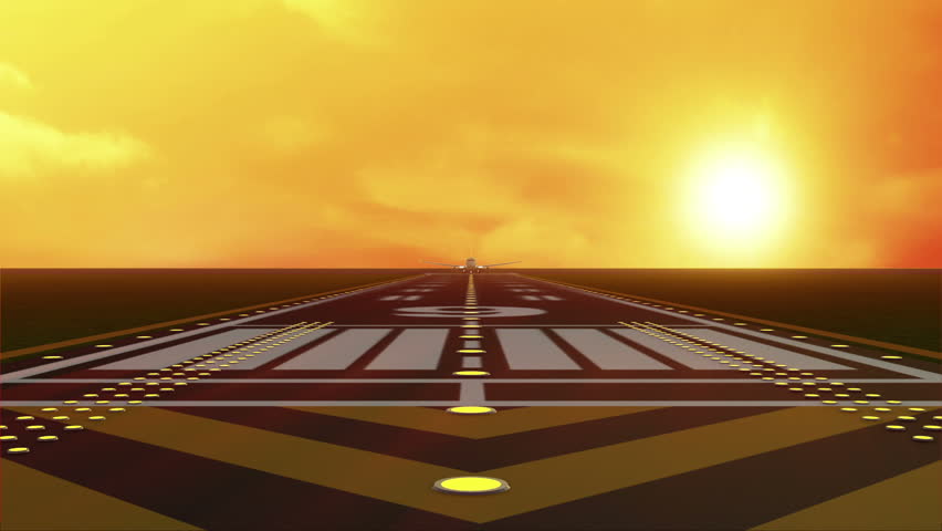 Animation Of Airplane Takes Off From Airport Runway At Sunset ...