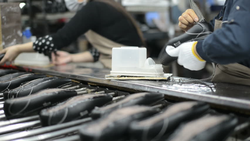 Shoe Making Process In Production Line Of Footwear Factory Stock ...