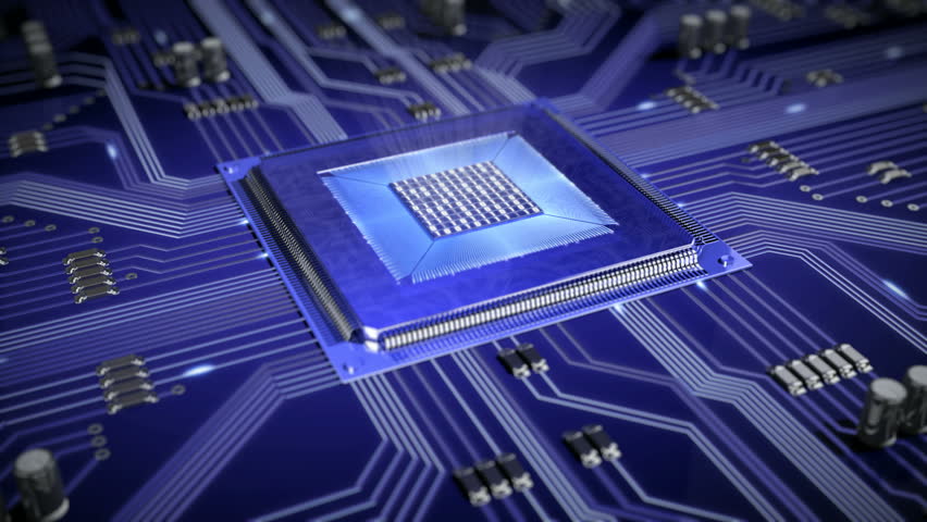 Computer System Innards 3D Animated. CPU. Electronic Circuit Chip On PC ...